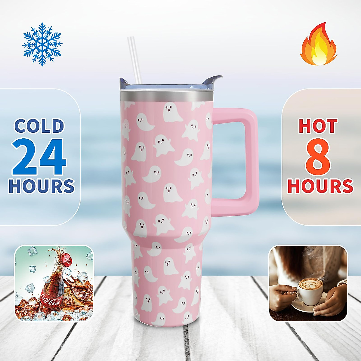 Aokoyi Halloween Ghosts 40 Oz Tumbler with Handle and Straw, Cute Spooky Stainless Steel Double Walled Vacuum Insulated Cup, Holiday Gifts for Women Girls
