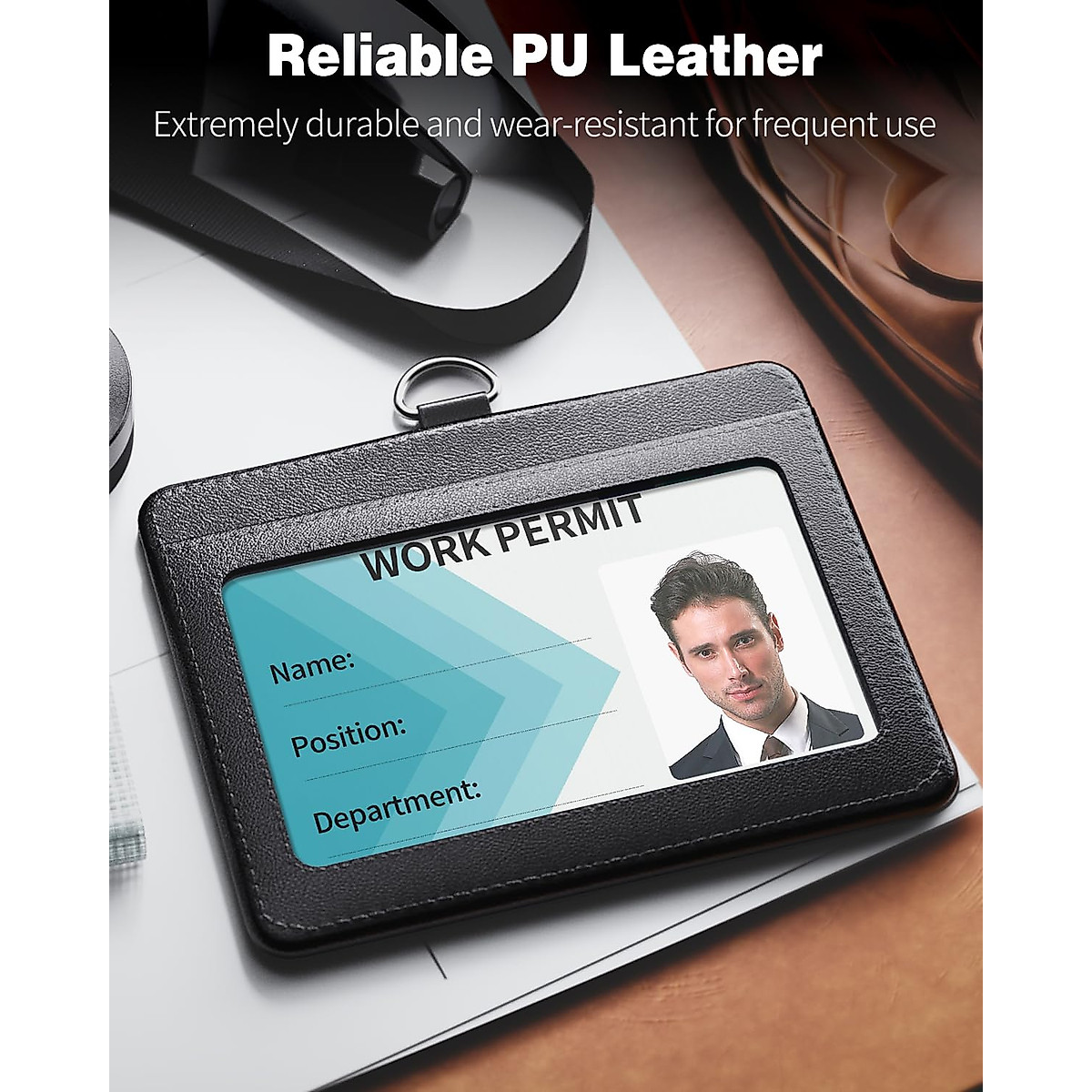 Uniclife Horizontal Leather ID Badge Holder and Retractable Adjustable Lanyard Breakaway Neck Lanyard with Retractable Badge Reel Quick-Release Buckle and Card Protector for Workers Students Employees