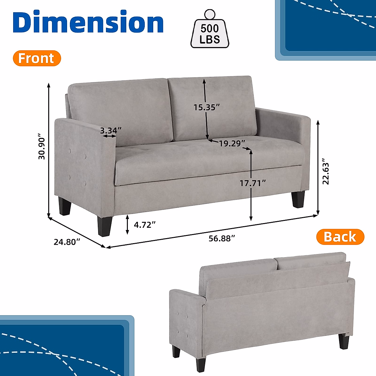 GRACFORCE 57" W Loveseat Sofa Couch w/ 2 USB Charging Ports, Mid Century Modern Fabric Love Seat Furniture for Living Room, 2-Seater Small Couches for Small Spaces, Bedroom, RV (Light Grey)