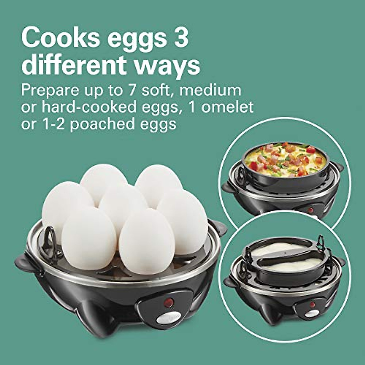 Hamilton Beach 3-in-1 Electric Hard Boiled Egg Cooker, Poacher & Omelet Maker, Holds 7, Black (25507)