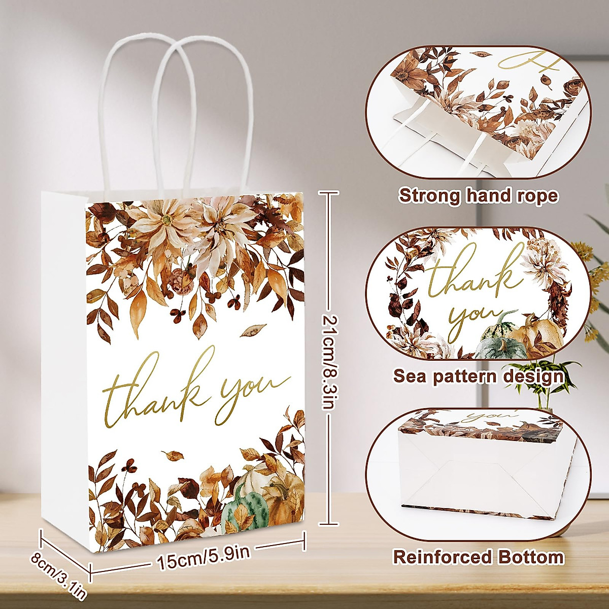 AnyDesign 12Pcs Fall Leaves Thank You Gift Bags with Handle Autumn Maple Leaves Paper Bag Foil Gold Autumn Goodie Bag for Fall Thanksgiving Wedding Birthday Party Favor Supplies, 5.9 x 8.3 x 3.2 In
