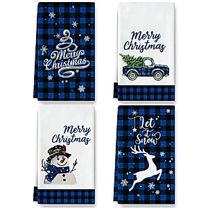 AnyDesign 4 Pack Merry Christmas Kitchen Towel 18 x 28 Inch Blue Black Buffalo Plaids Dish Towel Snowman Truck Xmas Tree Tea Towel Rustic Hand Drying Towel for Cooking Baking