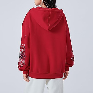 Axupico Women Y2k Zip Up Hoodie Long Sleeve Spider Web Thick Hoodies With Pockets Vintage Harajuku Clothing (Red, S)