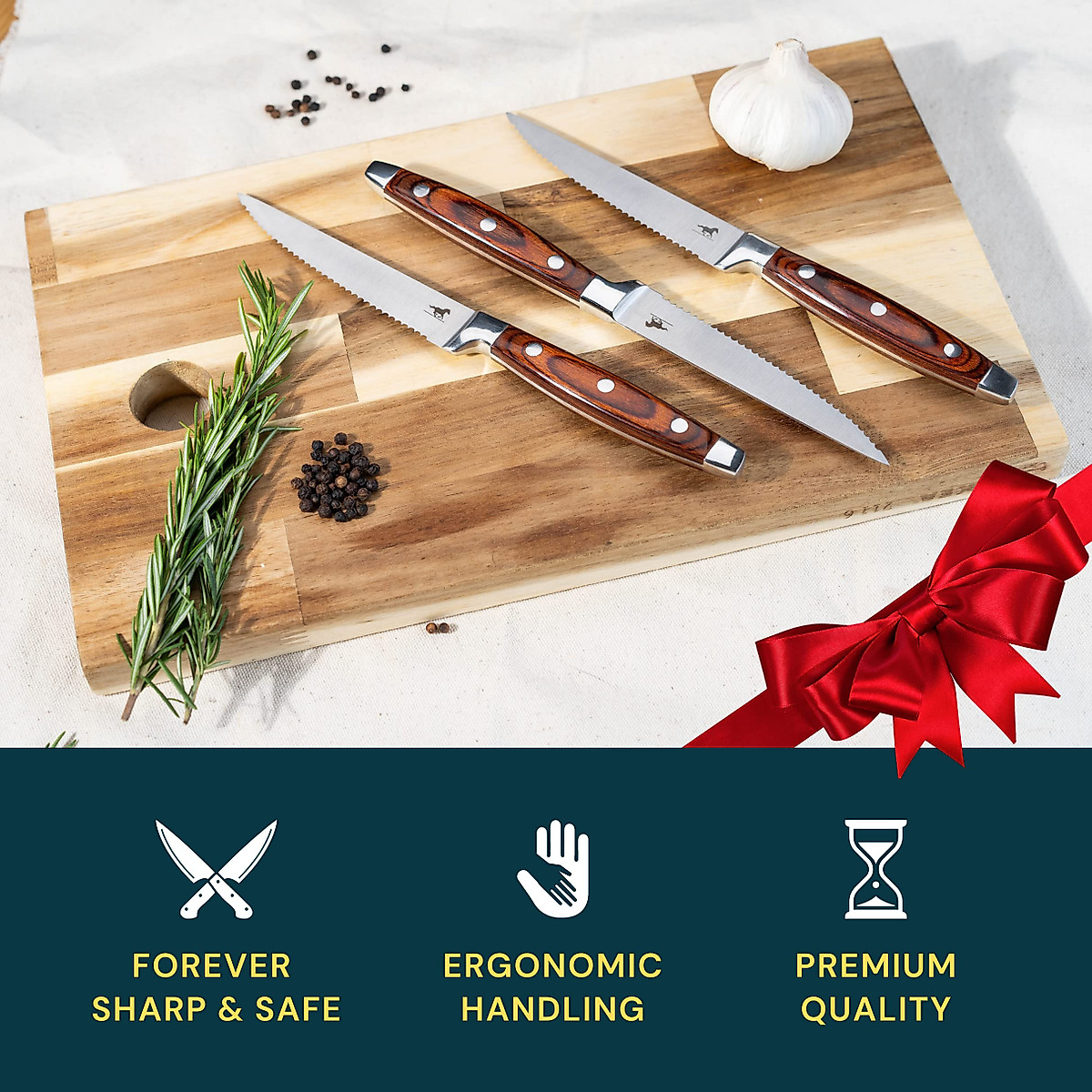 The Dinner Pony Serrated Steak Knives Set of 6 - Wooden Handle, Full Tang and Triple Riveted Design in Gift Box - Pakka Wood and High Carbon Stainless Steel