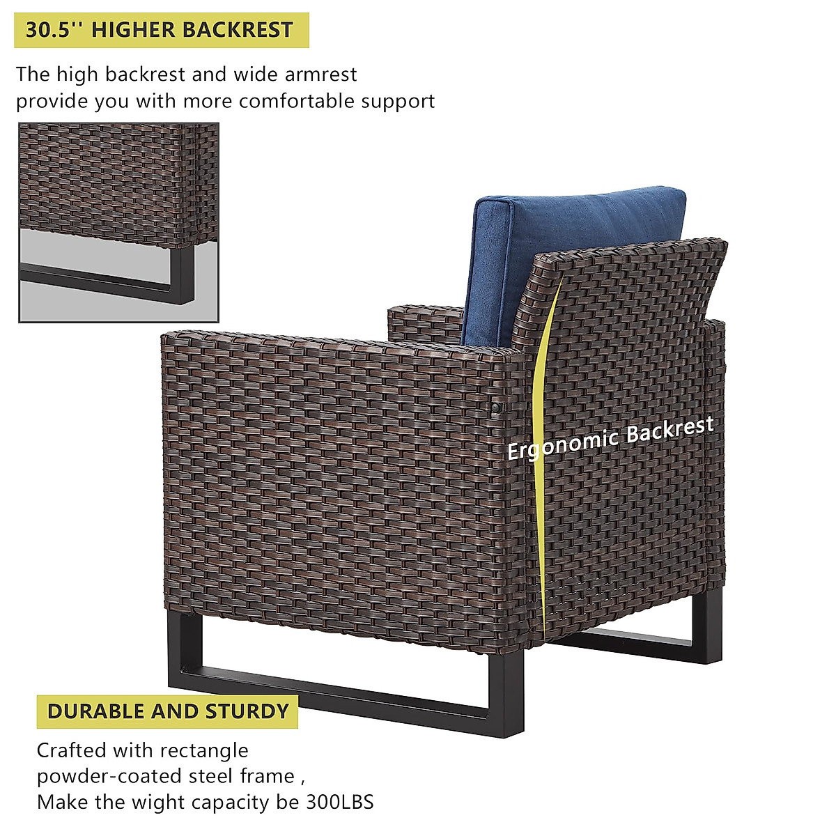 HUMMUH Patio Chairs Set of 2 PE Wicker Outdoor Dining Chairs High Back Deep Seating Porch Chairs with 4inch Seat Cushions