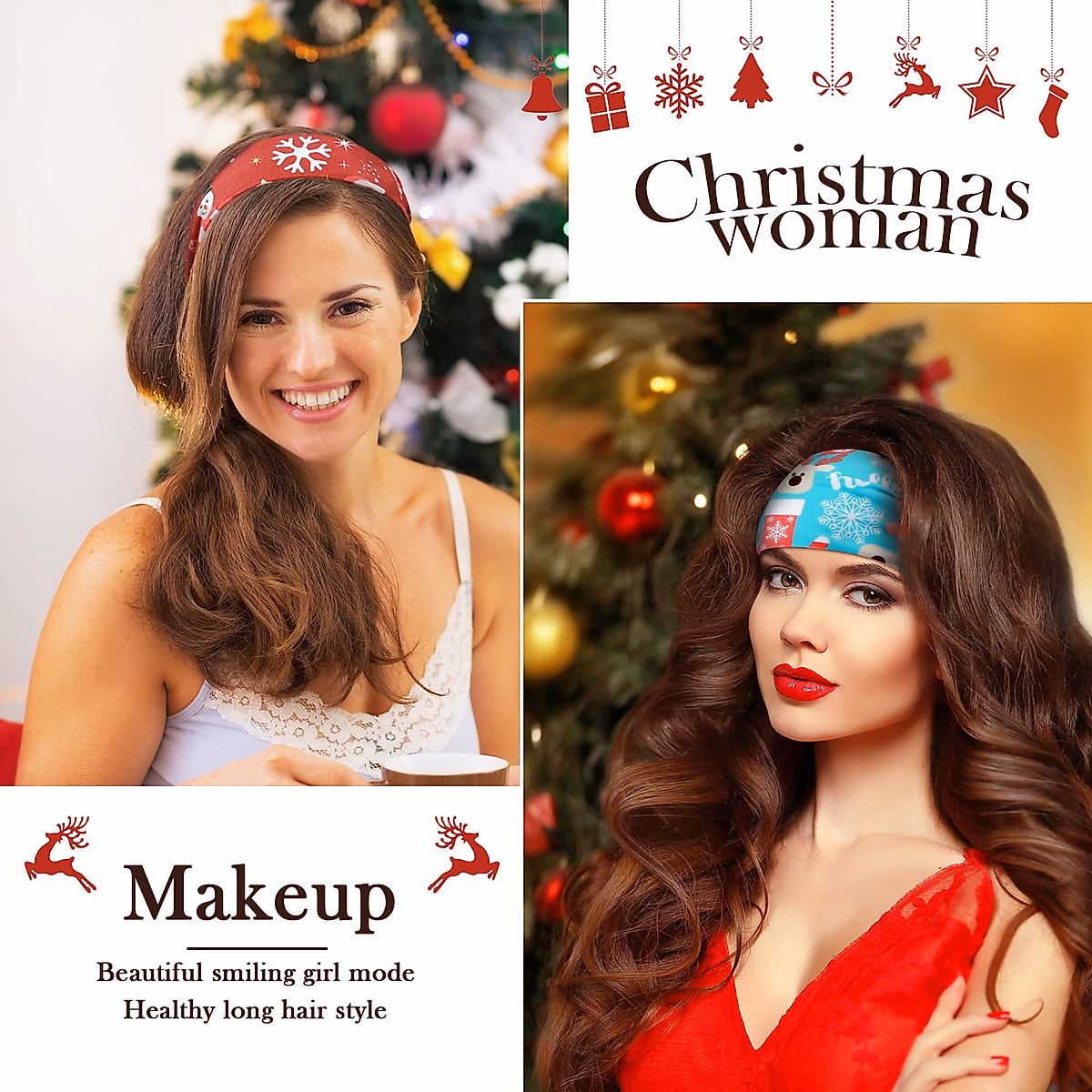 MTLEE 12 Pcs Christmas Stretchy Headbands for Women Christmas Hair Accessories Non Slip Head Wrap for Women Xmas Party Cosplay(Classic Pattern)