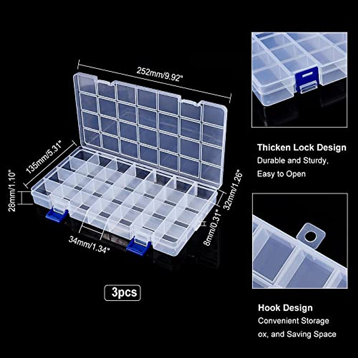 PH PandaHall 3 Pack Plastic Organizer Box, 28 Grids Bead Organizer with Dividers Adjustable Clear Plastic Bead Case Storage Container for Jewelry Beads Earring Fishing Hook Small Accessories