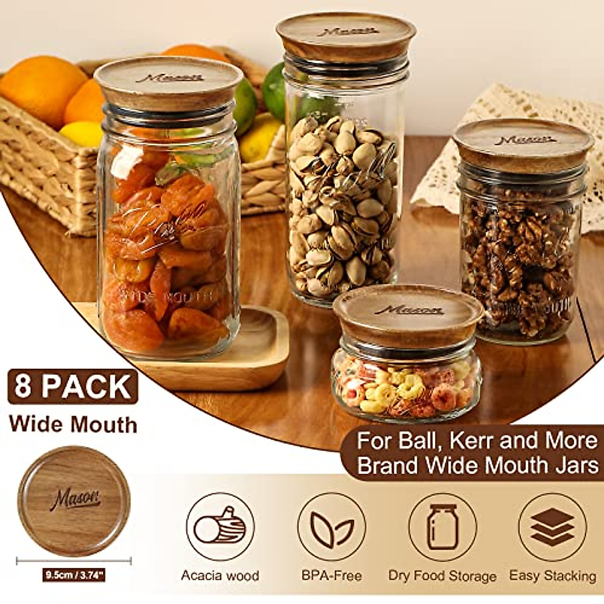 8 Pack Wide Mouth Wooden Storage Lids for Ball,Kerr Jars,Food Grade Material,100% Fit & Airtight for Wide Mouth Jars