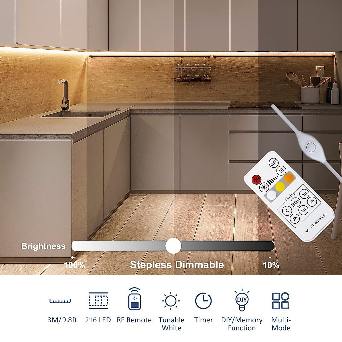 LLTOP Under Cabinet Lighting, Tunable White 3 Color 6 PCS LED Counter Strip Lights with Remote Control Dimmer and Adapter Dimmable Closet Lights Kit for Kitchen, Bedroom, Shelf, Showcase, TV Back