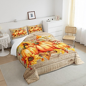 Happy Thanksgiving Fall Harvest Comforter Set Farm Leaves With Pumpkin Quilt Queen, Rustic Barn Door Bedding Set Autumn Maple Farmhouse Duvet Insert For Kids Boys Girls Teens Adult, Brown Gold
