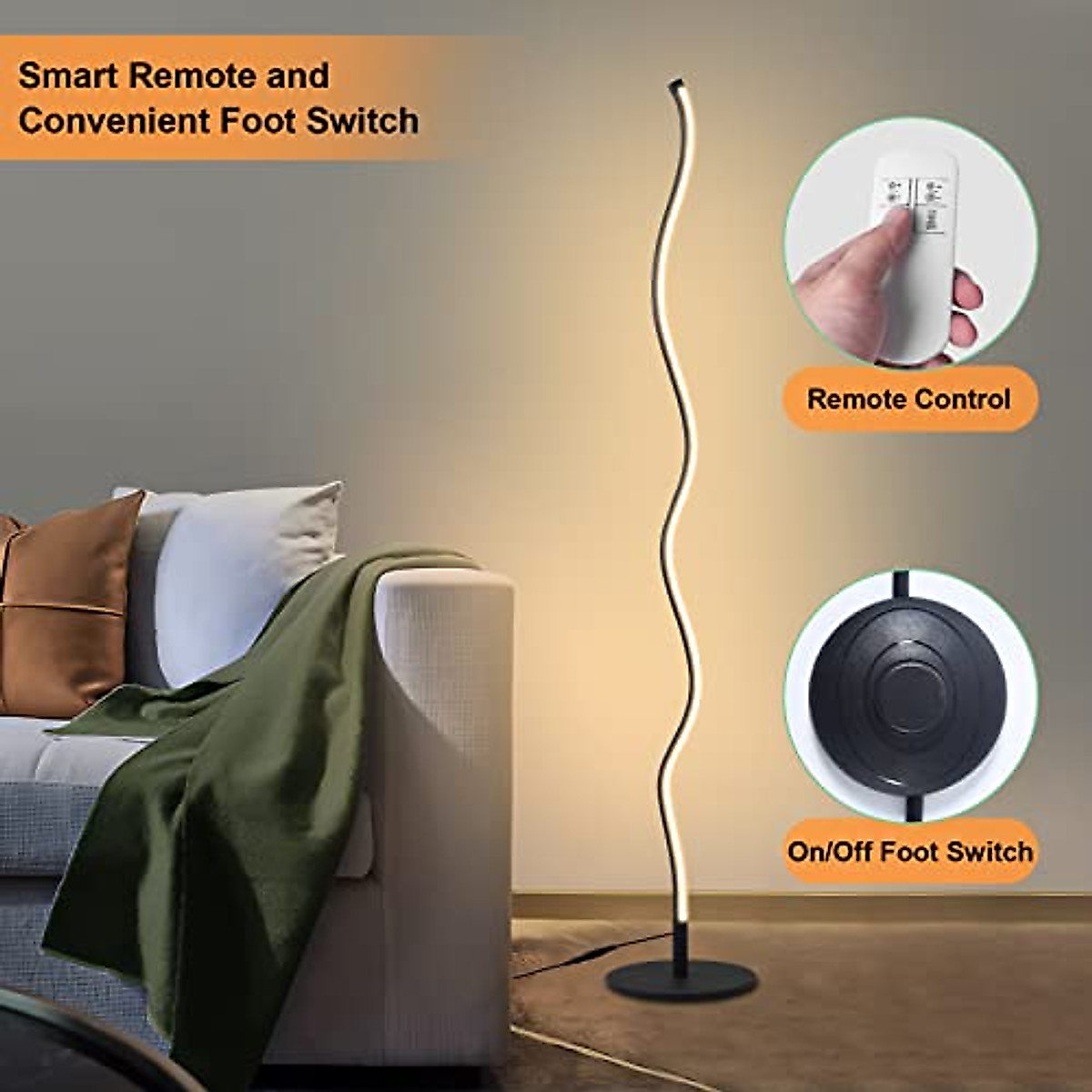 HOMKEA Modern Floor Lamps for Living Room - LED Standing Lamp with Remote, 52'' Tall Lamp with Footswitch, 27W/6000 LM Standing Light for Bedroom, Stand Up Lamp with Stepless Dimmable 2700-6500k-BLACK