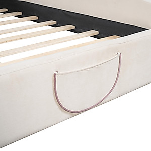 Upholstered Queen Size Bed for Kids,Velvet Queen Platform Bed with Bear-Shaped Headboard & Bed-End Storage Pocket,Wood Slat Support,No Box Spring Needed,Beige