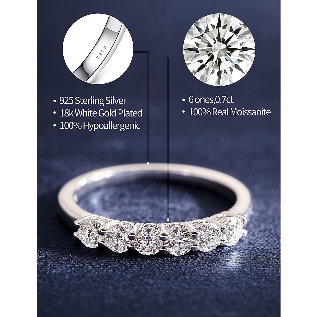 IMOLOVE 6 Stones Moissanite Eternity Band Ring for Women, Sterling Silver with 14K White Gold Plated, Size 4-11, Ideal Gift for Valentine's Day, Engagement, Wedding, Anniversary