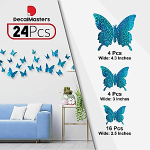 DecalMasters 24pcs Blue Glitter 3D Butterfly Wall Decals - 3 Sizes Butterflies Decor for Wall Removable Mural Stickers Home, Party, Cake and Room Decoration, Bedroom Decor DIY Gift (Blue Glitter, 24)
