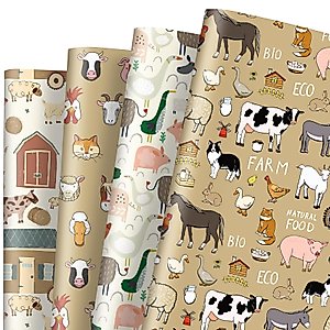 AnyDesign 12 Sheet Farmhouse Wrapping Paper Farm Animal Theme Gift Wrap Paper Bulk Folded Flat Retro Cartoon DIY Craft Paper for Birthday Holiday Party Supplies, 19.7 x 27.6 In