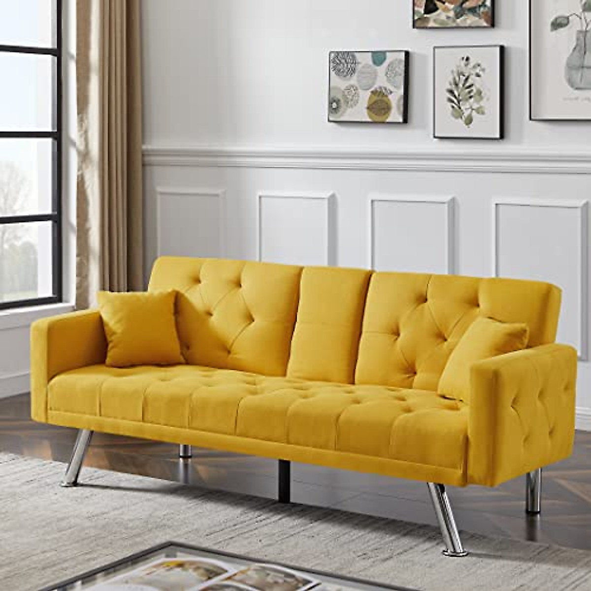 Eafurn 2 in 1 Button Tufted Futon Sofa Bed, Modern Convertible Loveseat Couch, Comfy Upholstered Folding Sofa & Couches with Armrest for Apartment Sofabed, Yellow Linen 75.59“ w/ 2 Cupholders