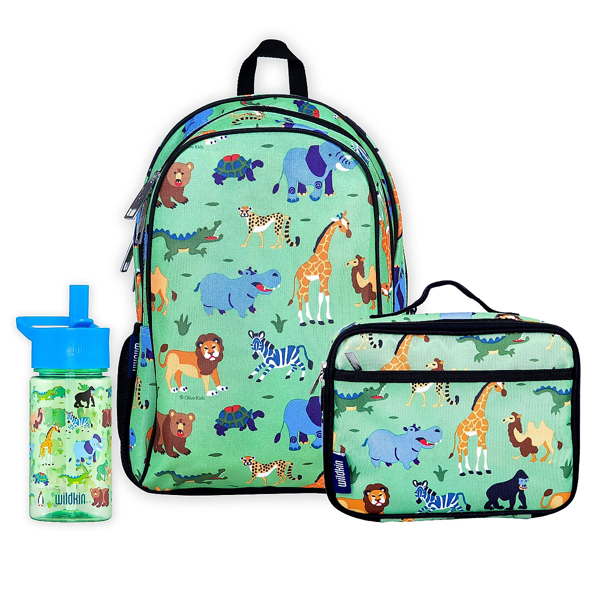 Wildkin Lunch Box Bag and 15 Inch Backpack Bundle with 16 Ounce Reusable Water Bottle (Wild Animals)