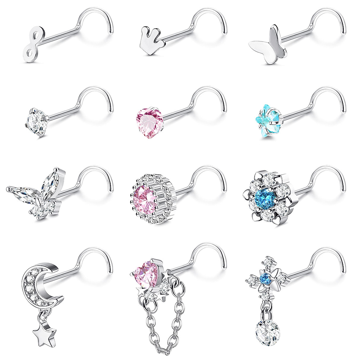 JOERICA 12Pcs 20G Dangle Nose Rings Nose Studs Corkscrew Dangle Nose Rings for Women Men Stainless Steel Nose Piercing Jewelry CZ Heart Moon Butterfly Nose Rings Studs Silver Tone