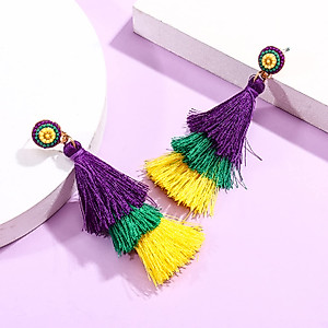 VOGUEKNOCK Mardi Gras Earrings Beaded Ear Stud Tiered Tassel Drop Earrings Mardi Gras Costume Party Jewelry Accessories (Mardi Gras)