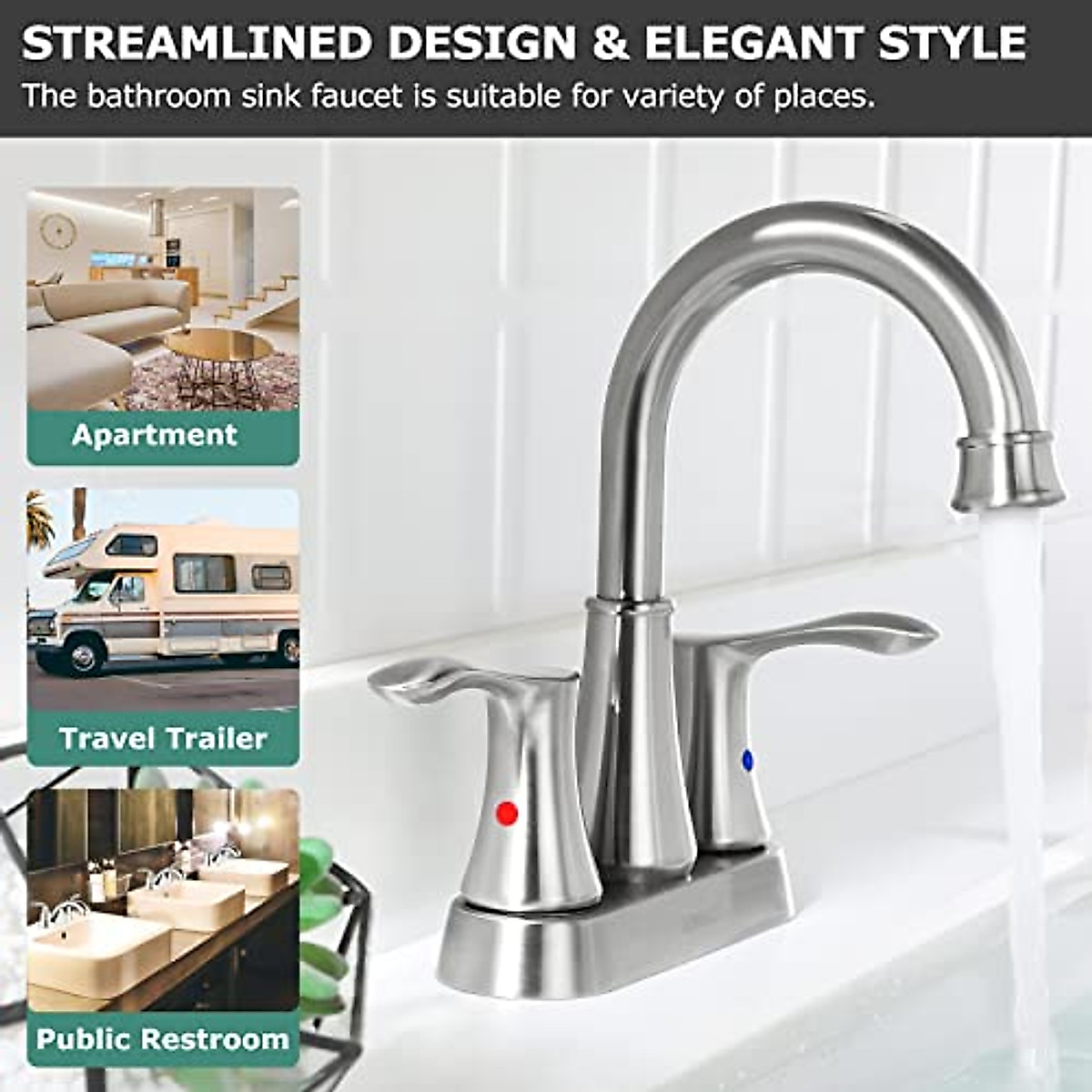 PARLOS Swivel Spout 2-Handle Lavatory Faucet Brushed Nickel Bathroom Sink Faucet with Metal Pop-up Drain and Faucet Supply Lines, Demeter 13627