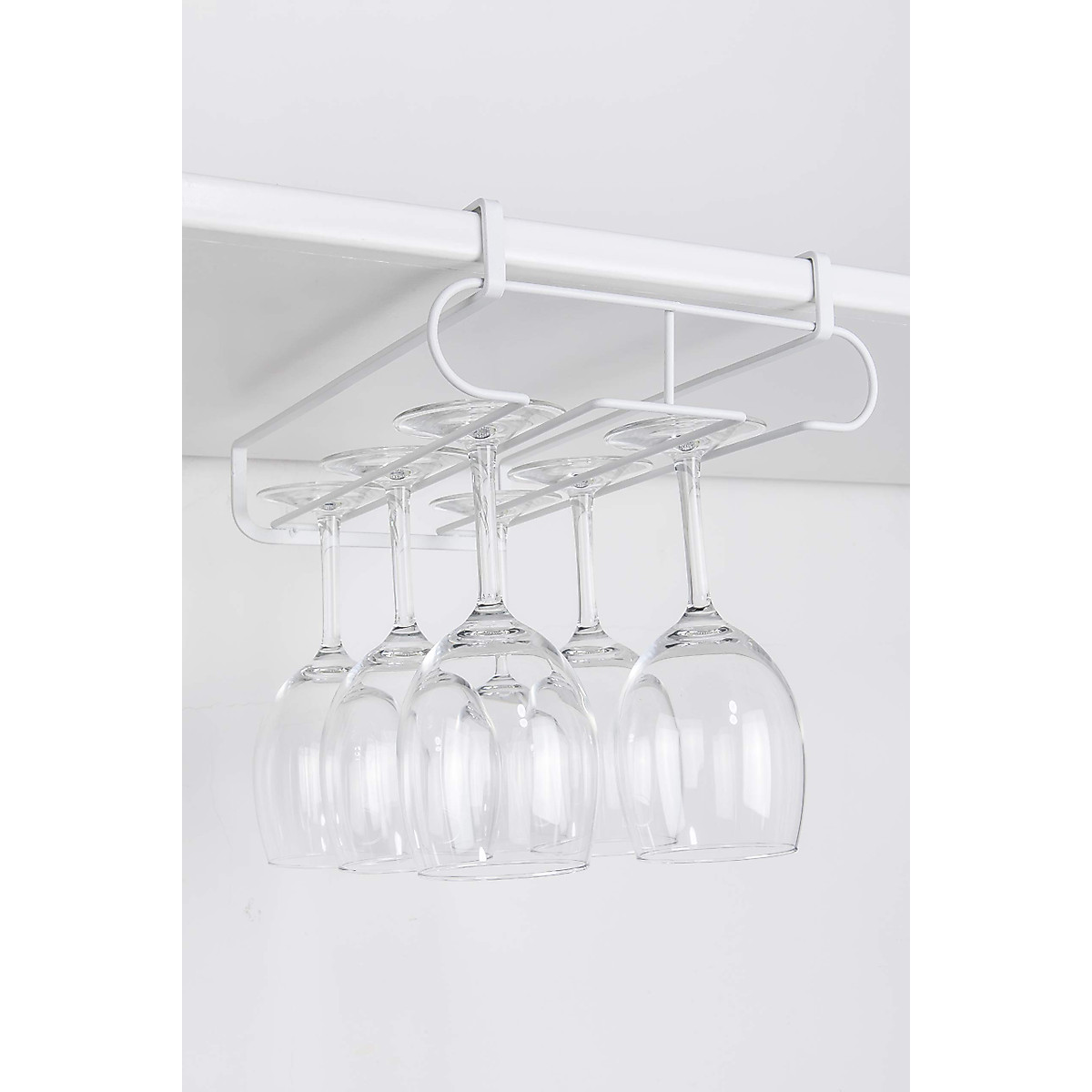 [HomTory] NO DRILLING Nail Free Stemware Wine Glass Metal Hanger Rack Organiser with 4 S-Hooks Combo - Holds Wine Glass, Mug, Utensil, Kitchenware, Stemware for Cabinet, Bar, Shelf, Kitchen