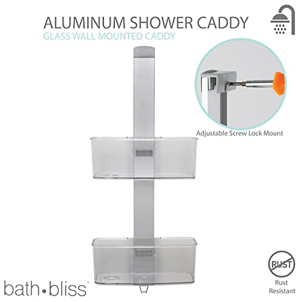 Bath Bliss Adjustable Aluminum 2 Tier Hanging Shower Caddy | Jumbo | Bathroom Storage | Good for Shampoo, Soaps, Razors, Wash Cloths | Rust Proof | Silver