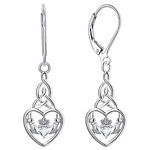 JO WISDOM Women Earrings,925 Sterling Silver Irish Celtic Claddagh Love Heart Drop & Dangle Leverback Earrings with 5A Cubic Zirconia April Birthstone