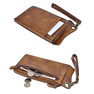 ZLYC Vintage Handmade Dip-dye Leather Wallet Card Holder Long Clutch with Detachable Wristlet (Brown)