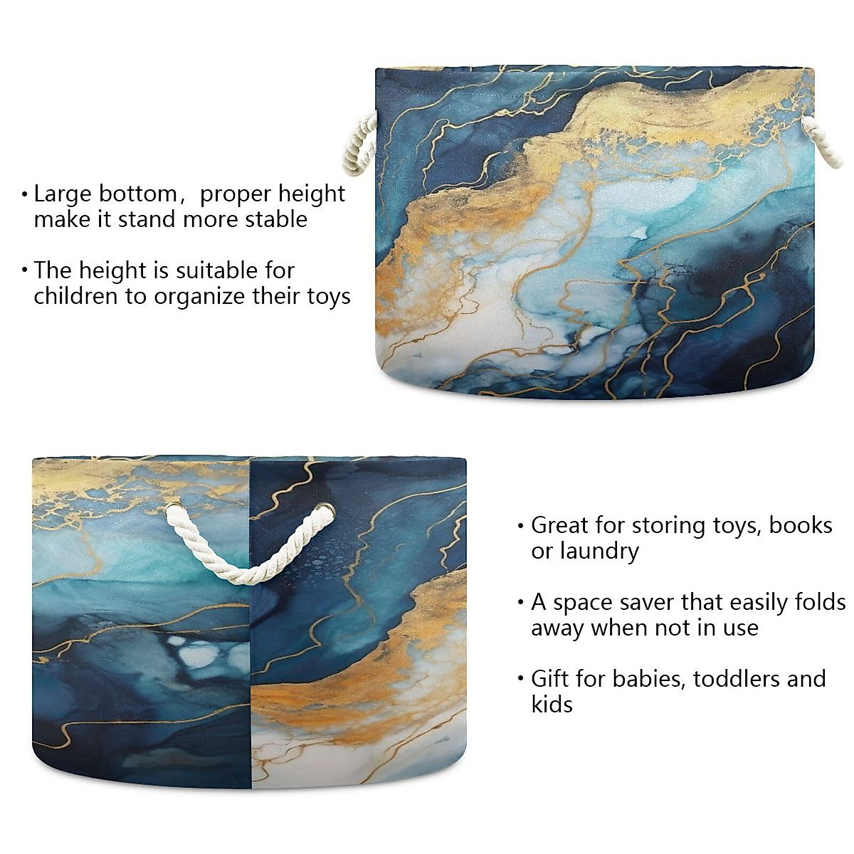 Kigai Cotton Rope Basket Blue Gold Marble Large Storage Basket for Toys Blanket Baby Laundry Basket for Nursery, Closet, Bedroom, Home Organization