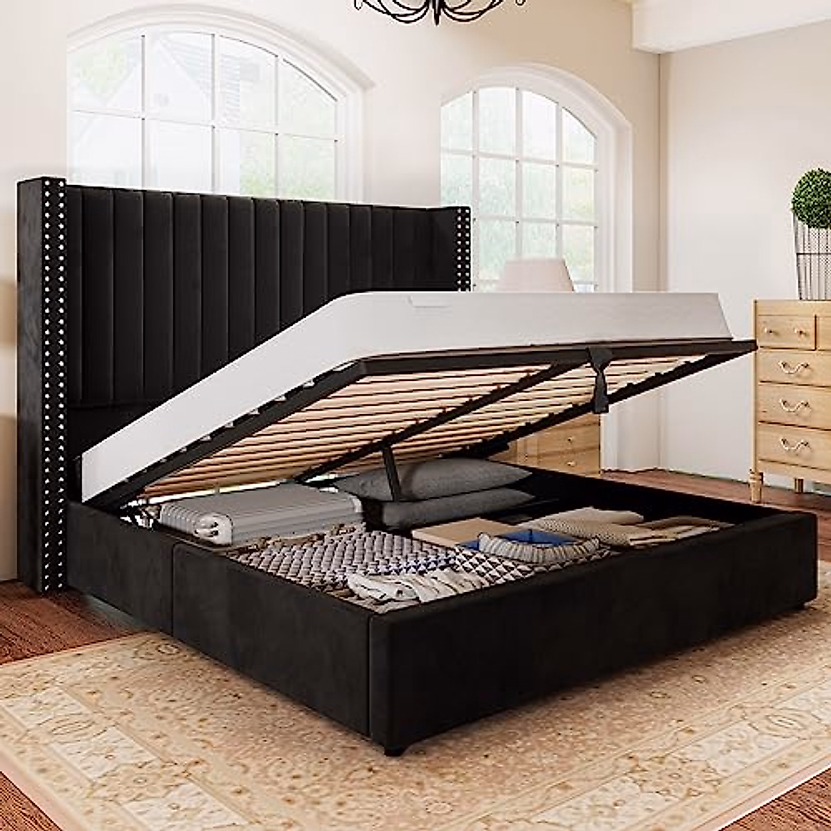 Jocisland Queen Bed Frame Lift Up Storage Bed, Velvet Queen Upholstered Bed Frame Channel Tufted Wingback Headborad/No Box Spring Needed/Black