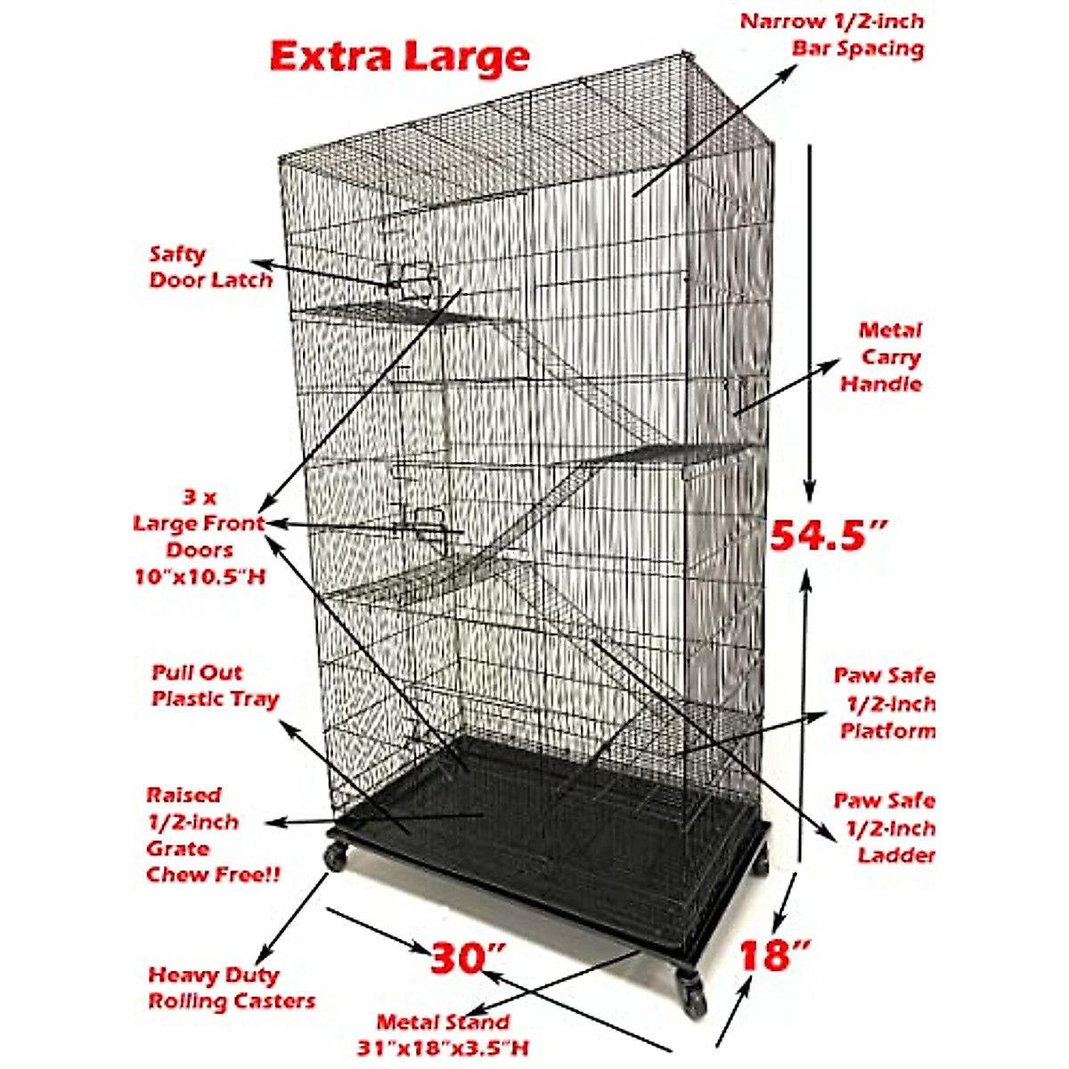 X-Large 5-Levels Ferret Chinchilla Sugar-Glider Rats Mice Gerbil Cage with Removable Rolling Stand, 32-Inch by 19-Inch by 60-Inch