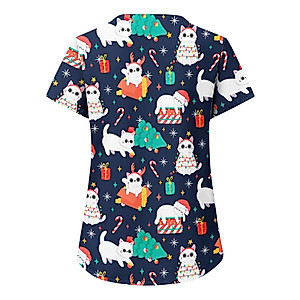 Scrubs for Women Christmas Printed Nursing Tops Oversized Medical Scrub V Neck Stretch Workwear Holiday Scrubs Tops