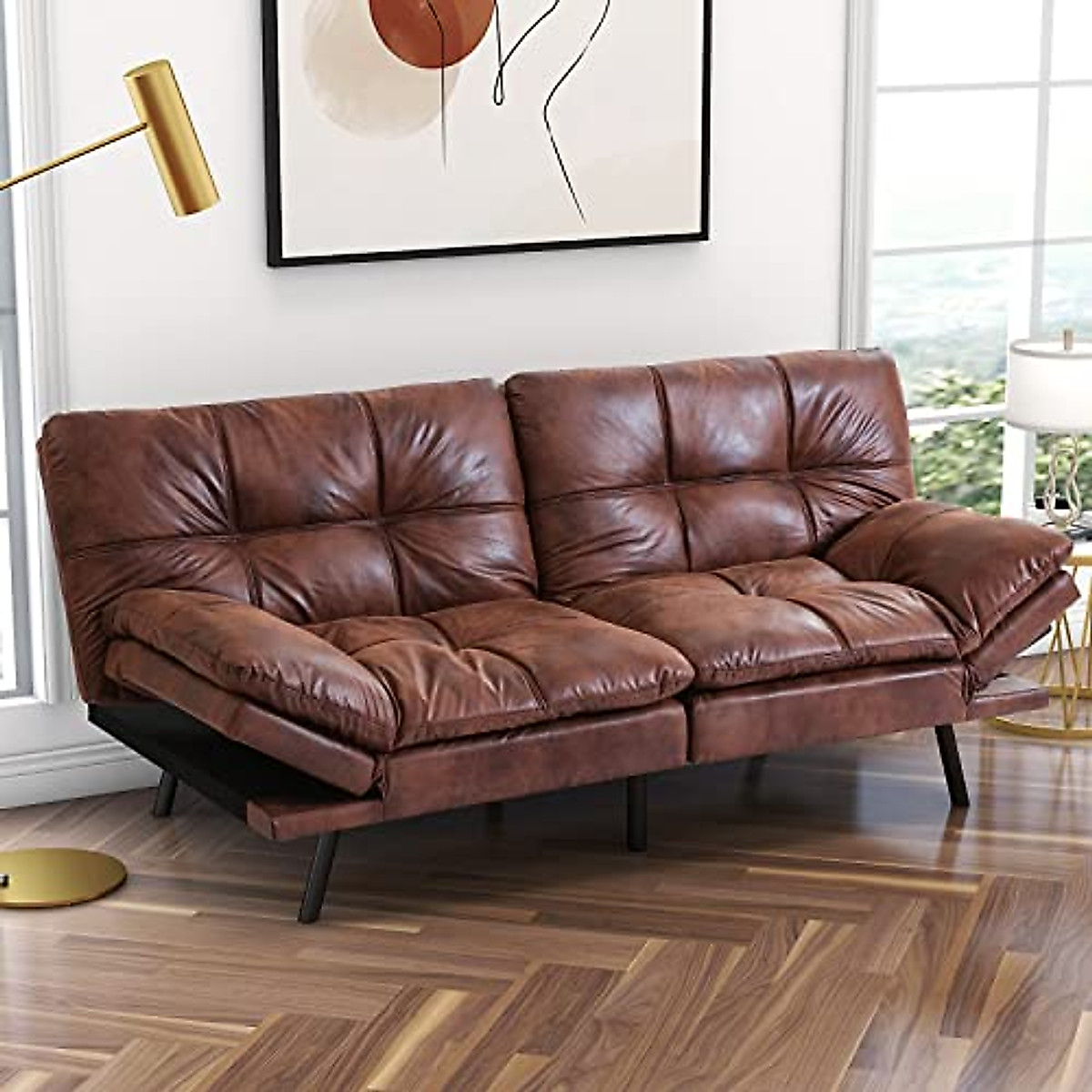 IULULU Futon Sofa Bed, Faux Leather Couch, Modern Convertible Sleeper Daybed with Adjustable Armrests for Studio, Apartment, Office, Small Space, Compact Living Room, Brown