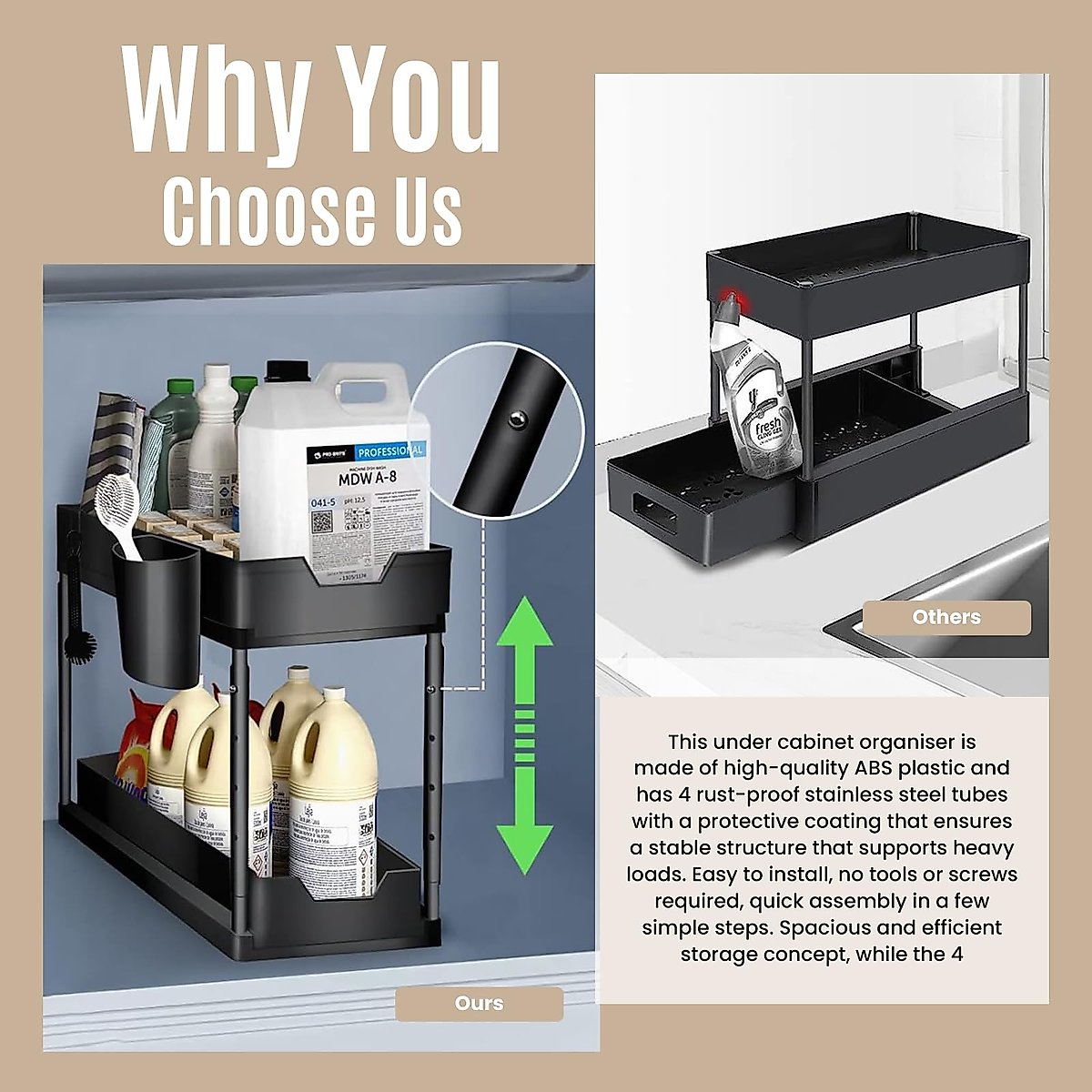 Chiaamo, Under Sink Organizers and Storage 2-Tier Sliding Shelf, 1 Sliding Organizer for countertop or Under The Sink with 4 Telescopic Tubes That Allows You to Adjust The Height to Your Need.