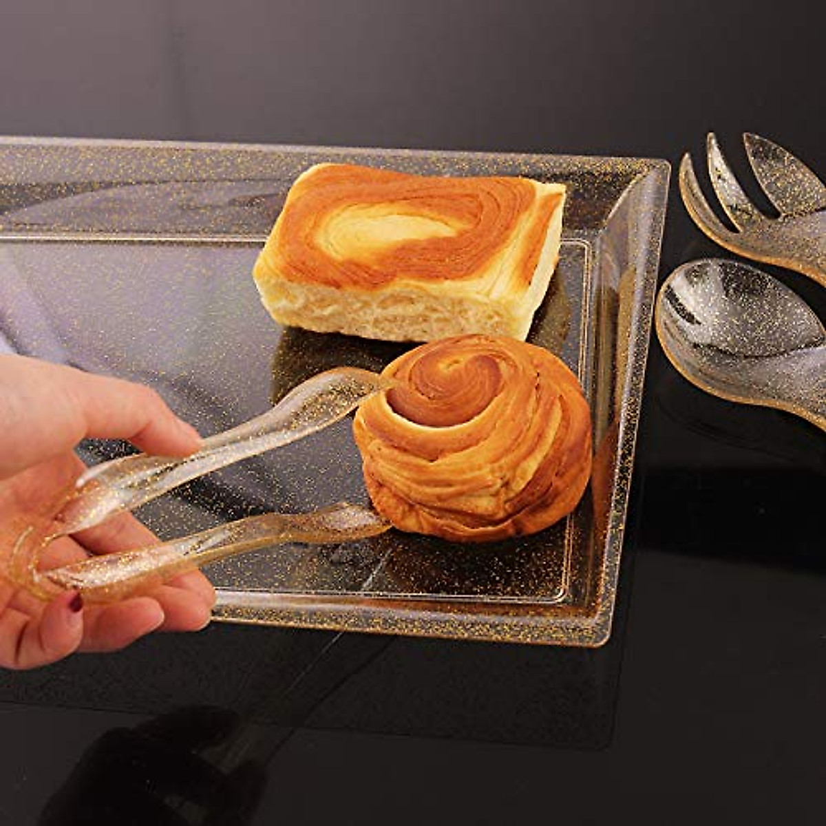 WELLIFE 24 Pack Plastic Gold Glitter Serving Tray with Disposable Utensils, 6 Rectangle Platter 15” x 10”, 6 Serving Spoons 10”, 6 Serving Forks 10”, 6 Serving Tongs 6.3”, Perfect for Buffet & Partie