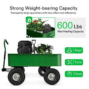 VIVOSUN Heavy-Duty Garden Dump Cart, 600-Pound Capacity, Multifunctional Pulling Wagon with 10" Pneumatic Tires for Outdoors, Lawns, Yards, Farms, and Ranches, Green