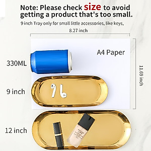Dobbyby 2 Pack 9 Inch Gold Tray Decorative, Jewelry Dish Bathroom Vanity Tray Small Serving Tray Candle Holder Stainless Steel Cosmetics Tray Perfume Tray, Gold, 9"