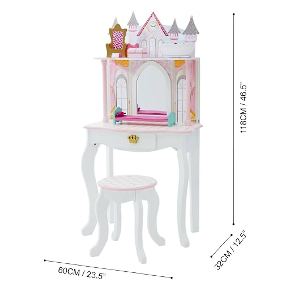 Teamson Kids Dreamland Princess Play Vanity Set with Mirror, Shelf, Storage Drawer, Stool, and Accessories for 12" Dolls, White an Pink
