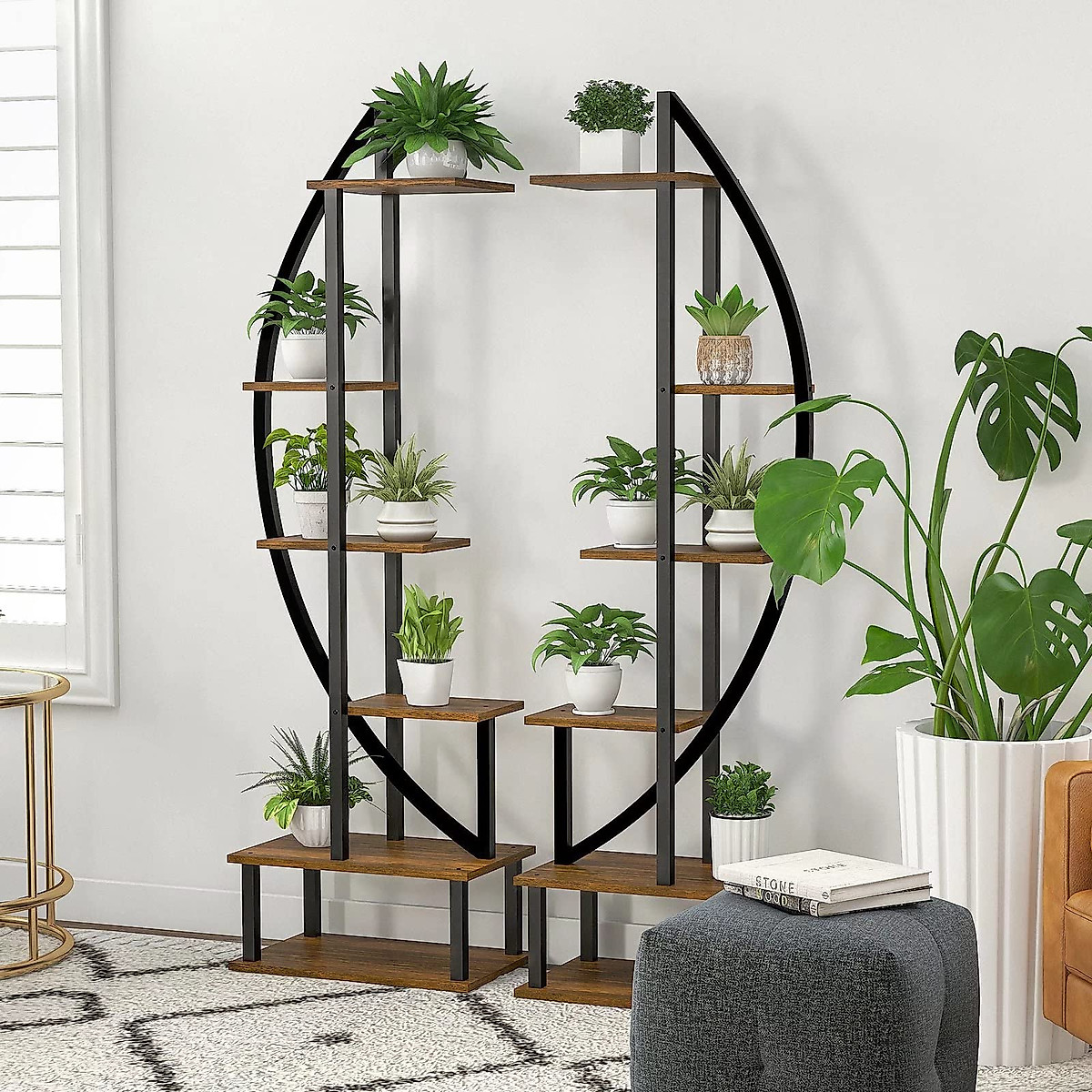 Elevens 6 Tier Metal Plant Stand, Muti-Purpose Ladder Plant Shelf Indoor 12 Potted Half Moon Shape Plant Stands for Balcony, Patio, Garden and Home Decoration Pack of 2 (Oak)