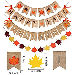 4 Pieces Thanksgiving Fall Decorations Burlap Thankful Banner Happy Fall Banner Pumpkins Maple Leaves Acorn Banner Felt Maple Leaves Garland Banner for Thanksgiving Decorations