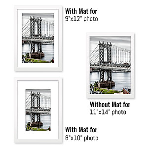 UHFWIFR 11x14 Picture Frames Solid Wood Display Pictures 9x12 or 8x10 with Mat or 11x14 Frame without Mat Poster Photo Frame Art with 2 Mats for Wall Mounting or Table Top(White)