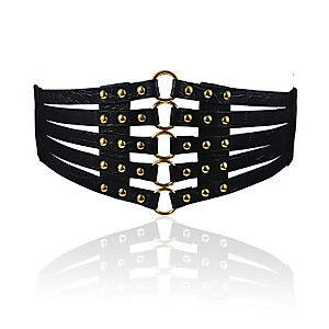 Fashion Women's PU Leather Wide Waist Belt Hollow Out Rivets Stretch Cinch Waistband