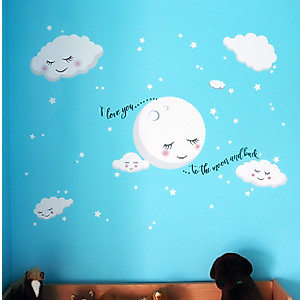 Moon and Stars Wall Decals Nursery Room Decor Night Sky Baby Nursery Wall Art Room Stickers Kids Room Toddler Girls Boys Bedroom Decoration (Love You Moon Back Quote)
