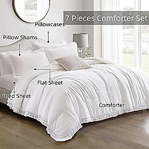 7 Pieces Bed in a Bag Comforter Set White Tassel Comforter Set Boho Fringe Comforter Tufted Soft Microfiber Bedding Sets King (1 Comforter,2 Pillowcases,2 Pillow Shams,1 Flat Sheet,1 Fitted Sheet)