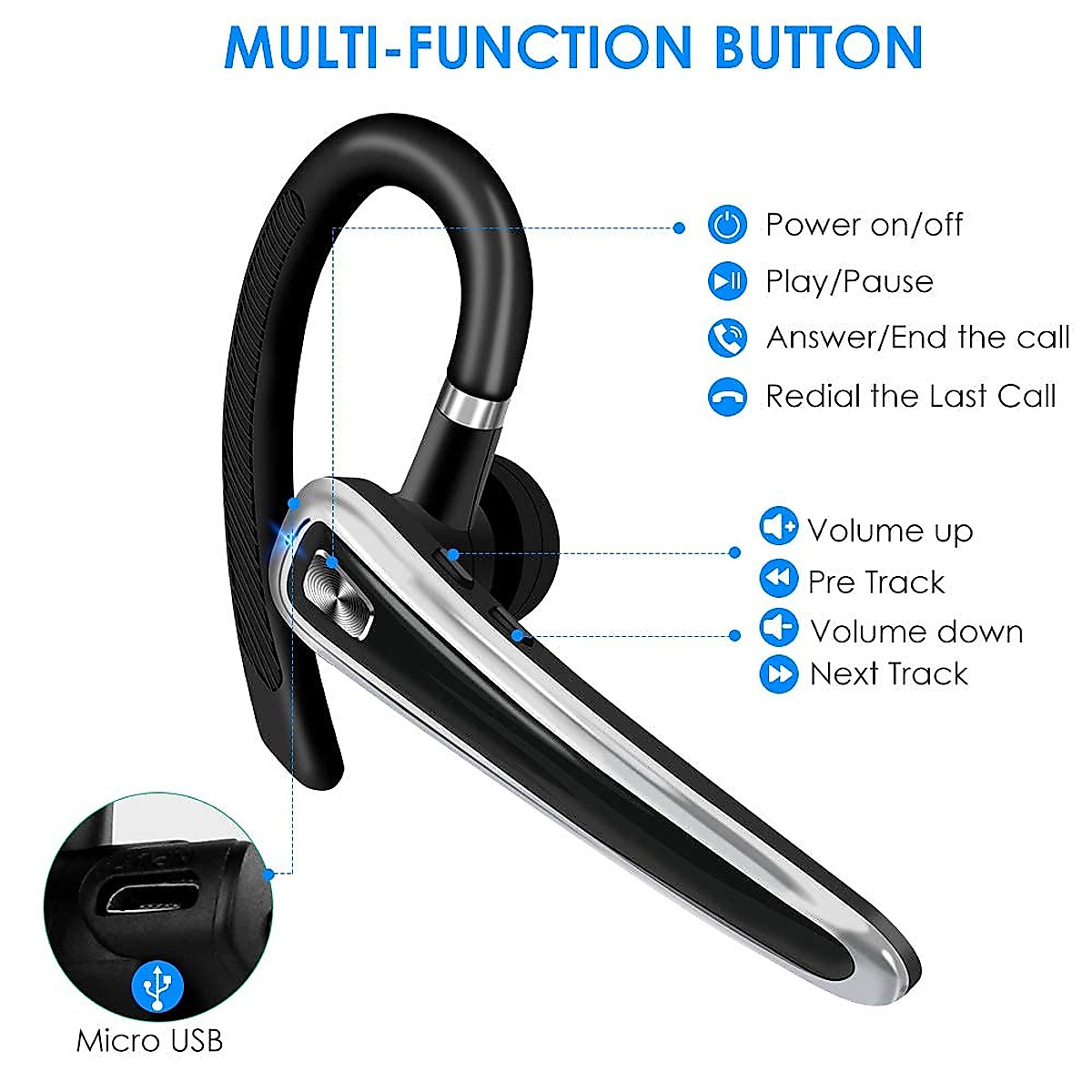 Bluetooth Headset V5.0, Talktime Bluetooth Earpiece CVC8.0 Noise Cancelling Wireless Headset Hands-Free with Microphone in Ear for iPhone Samsung and Android Cell Phones Laptop Truck Driver