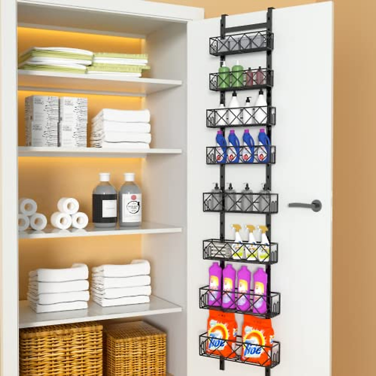 Over the Door Pantry Organizer 8-Tier Adjustable Baskets Hanging Spice Door Rack - 13.78" W x 65.16" H Behind the Door Storage for Kitchen, Bathroom, and Closet Organization