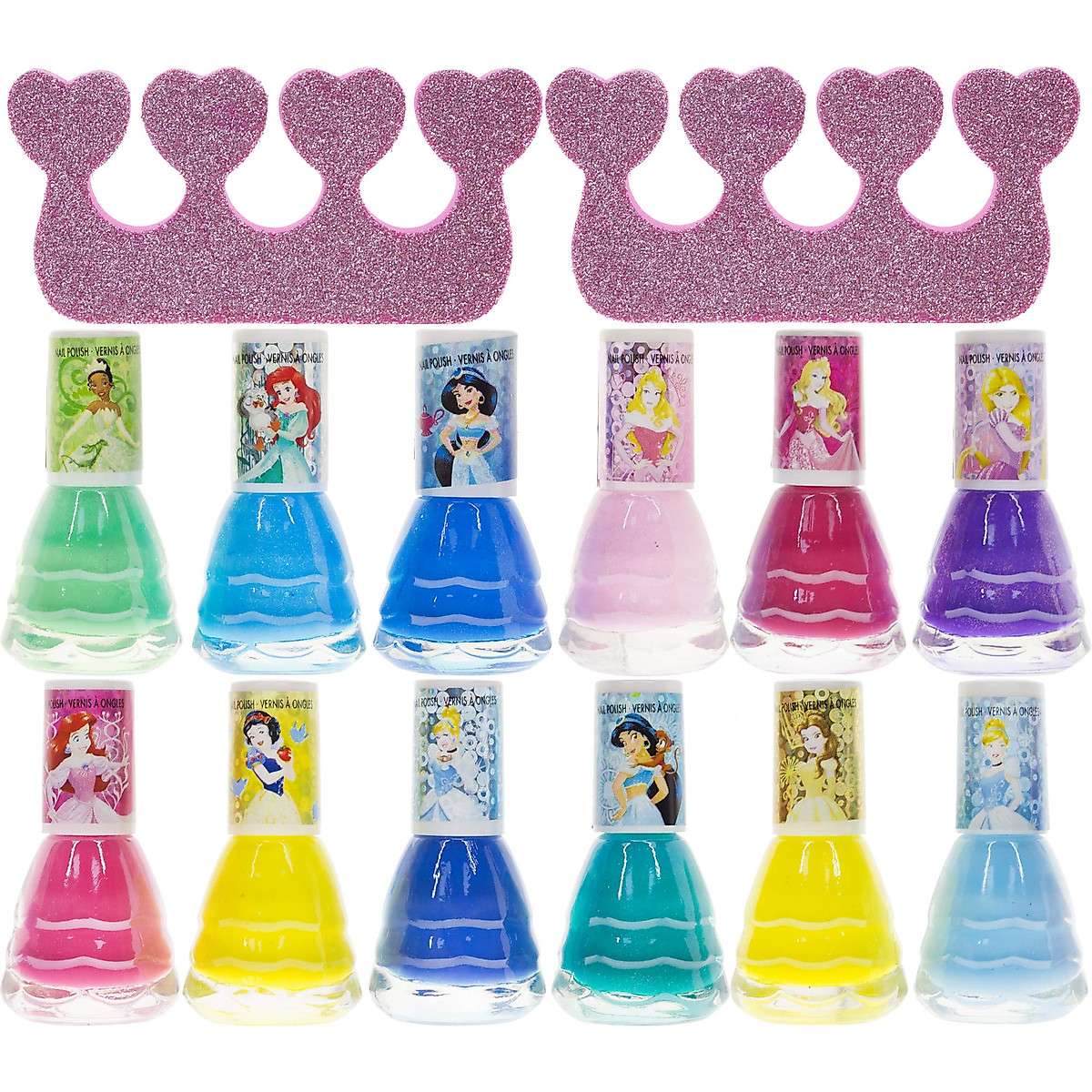 Townley Girl Disney Princess Non-Toxic Water-Based Peel-Off Quick Dry Nail Polish with Nail Separators|Gift Kit Set for Kids Girls|14 Pc Set - Perfect for Parties, Sleepovers and Makeovers