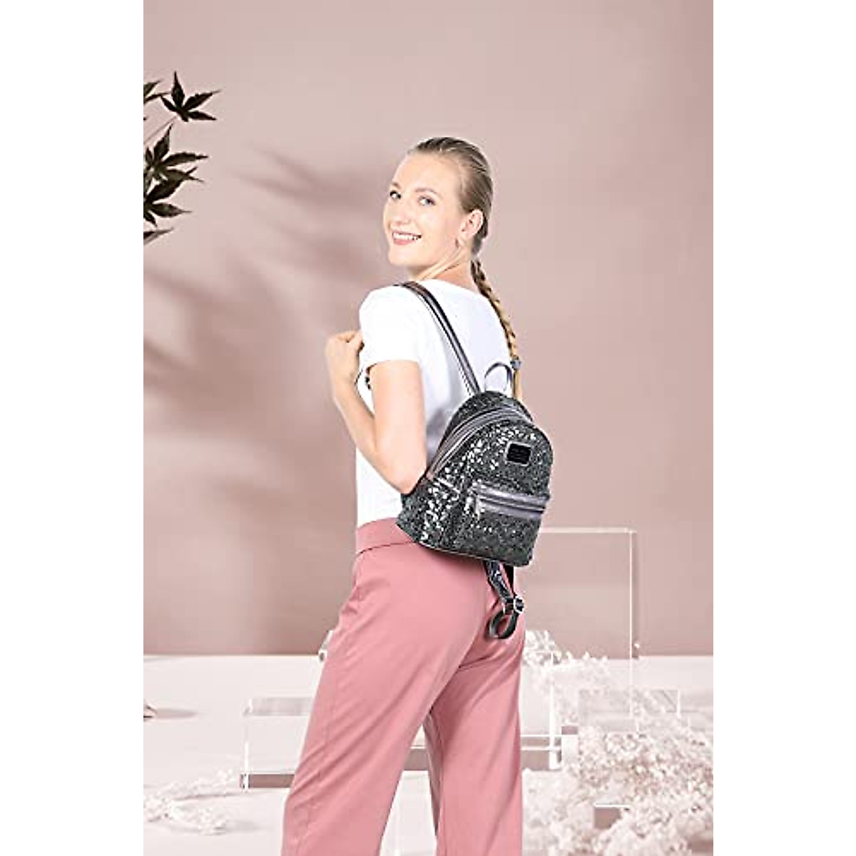 Girls Fashion Backpack Purse: Sequin Mini Back Pack Women PU Leather Small Cute Bag Space Gray