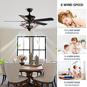 CROSSIO Modern Crystal Chandelier Ceiling Fan Gorgeous Reversible Ceiling Fan Light Fixture with Remote for Bedroom Living Room (Black-2, 50")