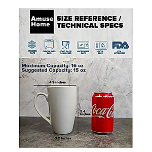 Amuse- Professional Barista Large Cozy Tall Mug for Coffee, Tea or Latte - Set of 6-16 oz